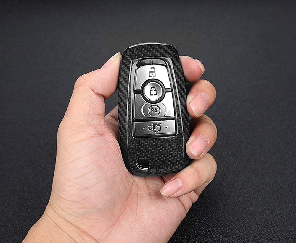 iJDMTOY, Compatible with Ford 2018-up Mustang F150 F250 Explorer Expedition 4-Button Keyless Smart Key Real/Genuine Gloss Black Carbon Fiber Key Fob Shell Cover