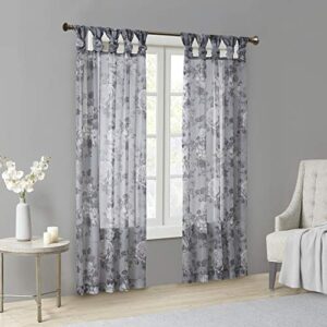 madison park simone floral design sheer single window curtain voile privacy drape for bedroom, livingroom, 50" x 84", grey (mp40-6614)