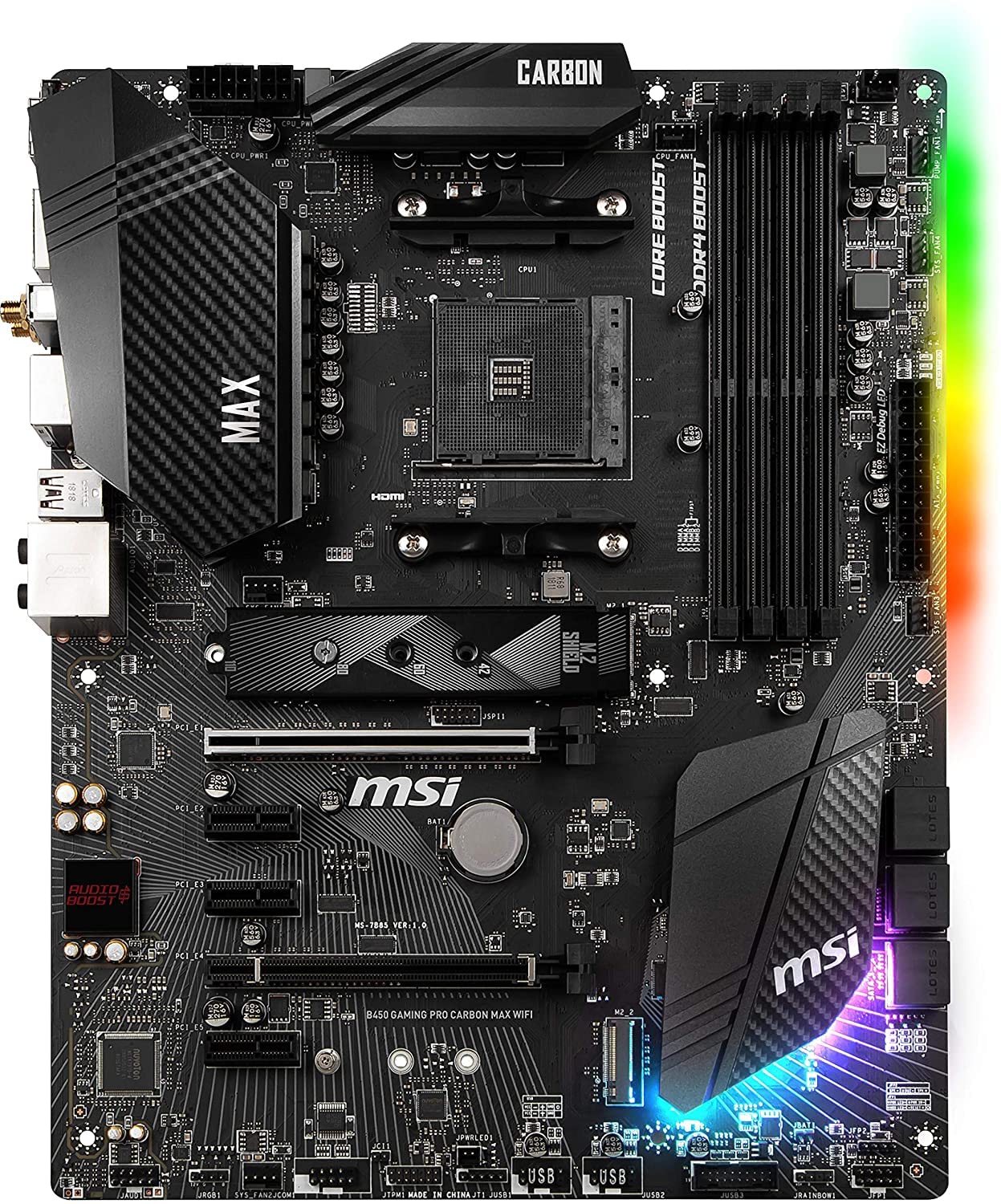 MSI Performance Gaming AMD Ryzen 1st, 2nd, and 3rd Gen AM4 M.2 USB 3.2 Gen 2 DDR4 HDMI Display Port Wi-Fi ATX Motherboard (B450 Gaming PRO Carbon MAX WiFi)