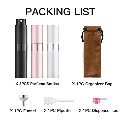 Lisapack 8ML Atomizer Perfume Spray Bottle for Travel (3 PCS) Empty Cologne Dispenser, Portable Sprayer for Men and Women (Black, Silver, Pink)