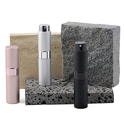 Lisapack 8ML Atomizer Perfume Spray Bottle for Travel (3 PCS) Empty Cologne Dispenser, Portable Sprayer for Men and Women (Black, Silver, Pink)