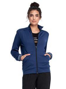 cherokee iflex women's zip front knit scrub jacket, ckk361, navy, l