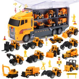 cute stone 25 in 1 construction trucks push and go car carrier truck toy, play vehicles with sounds and lights, 12 mini diecast trucks included