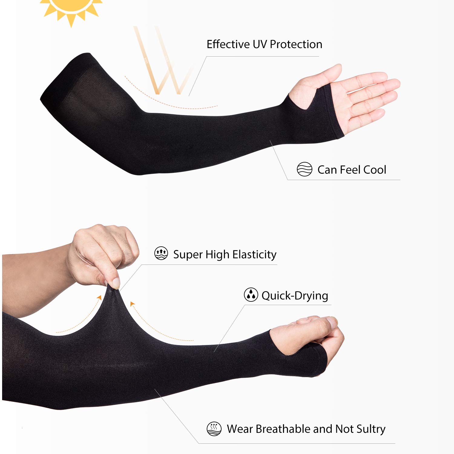 QXURkut Arm Sleeves for Women Men, 5 Pairs Cooling UPF50 UV Protection Sun Sleeves Sports Compression Sleeves to Cover Arms, Thumb Hole, Black