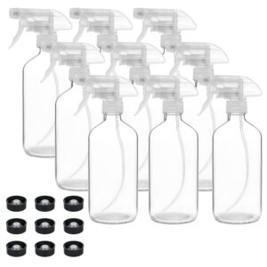 suwimut 9 pack glass spray bottles, 16 oz(480ml) empty clear refillable container for essential oils, cleaning products, aromatherapy, misting plants or cooking, clear trigger sprayer with mist.