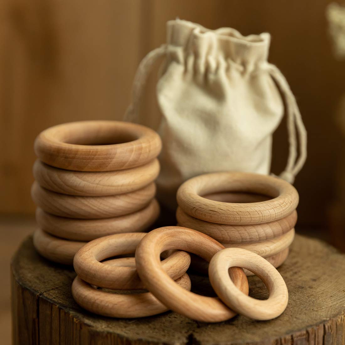 bopoobo Wooden Rings Natural Beech for Craft, Unfinished Wood Ring Circle Rings for DIY Baby Teething Toys, Baby Wooden Teether Accessories, Pendant Connector (10 Pcs, 60 mm)