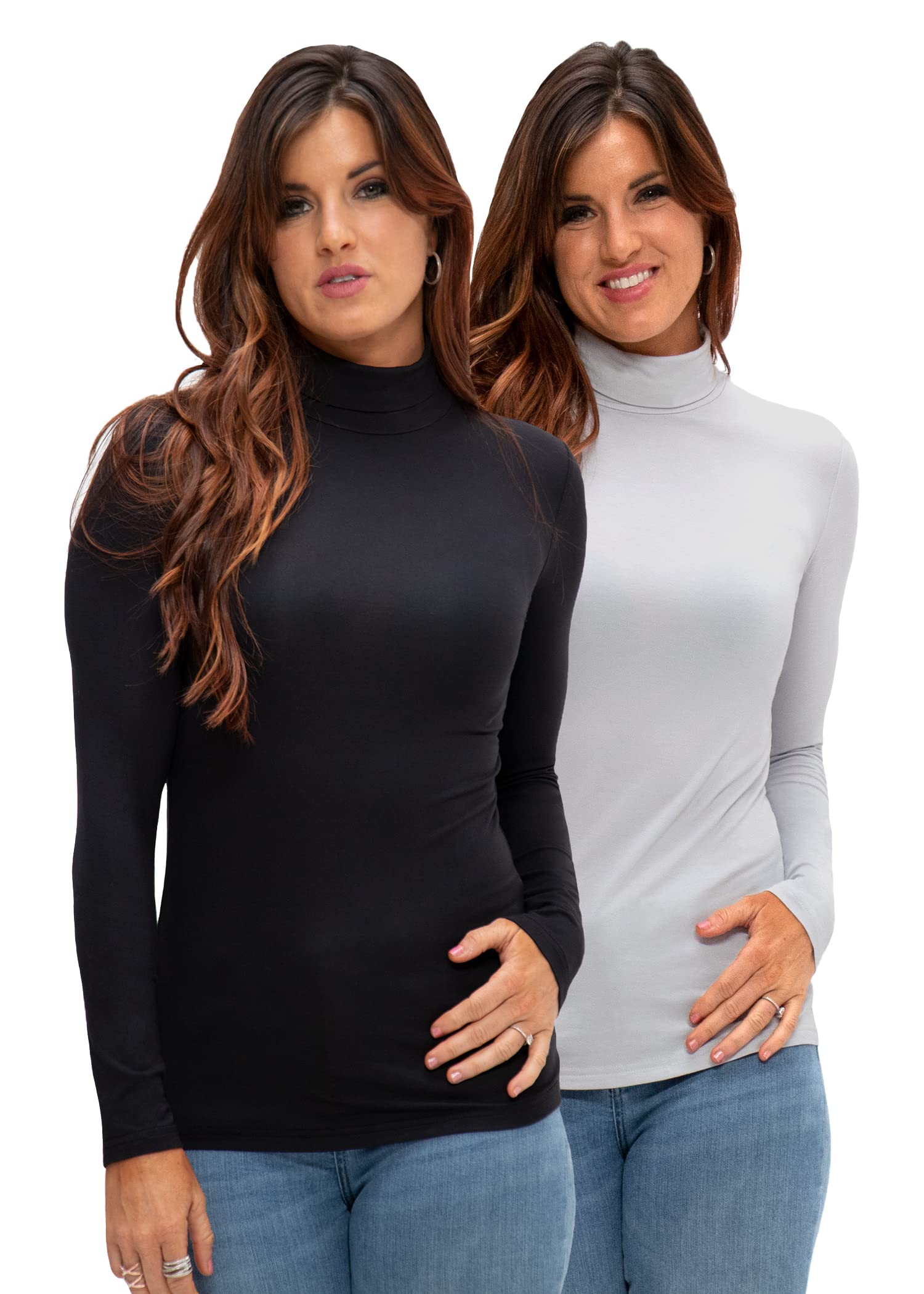 DEVOPS Womens 2-Pack Long Sleeve Mock Turtleneck Stretch Fitted Shirts (Black/Light Gray, Large)