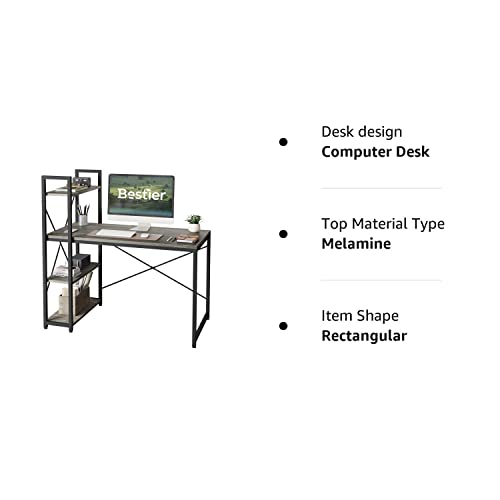 Bestier Computer Desk with Shelves - 47 Inch Home Office Desks with Bookshelf for Study Writing and Work - Plenty Leg Room and Easy Assemble, Gray