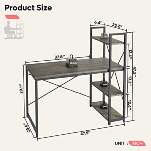 Bestier Computer Desk with Shelves - 47 Inch Home Office Desks with Bookshelf for Study Writing and Work - Plenty Leg Room and Easy Assemble, Gray