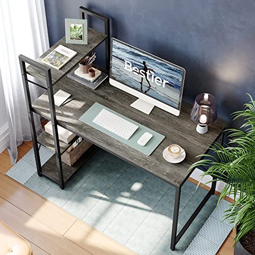 Bestier Computer Desk with Shelves - 47 Inch Home Office Desks with Bookshelf for Study Writing and Work - Plenty Leg Room and Easy Assemble, Gray