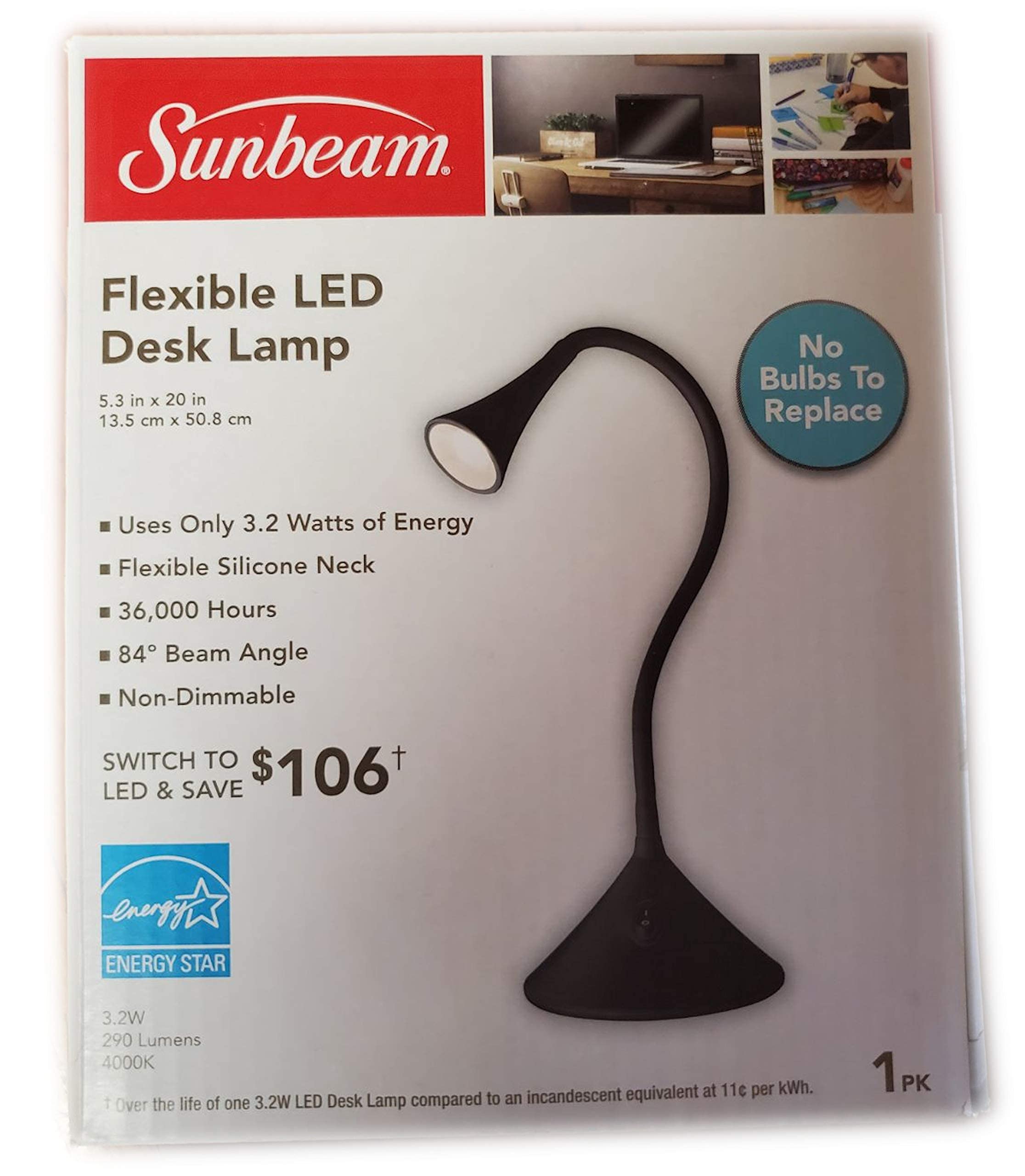 Black Sunbeam Flexible LED Desk Lamp - No Bulbs to Replace- 5.3 in x 20 in - 3.2W - 290 Lumens - 4000K - 36,000 Hours Non-Dimmable