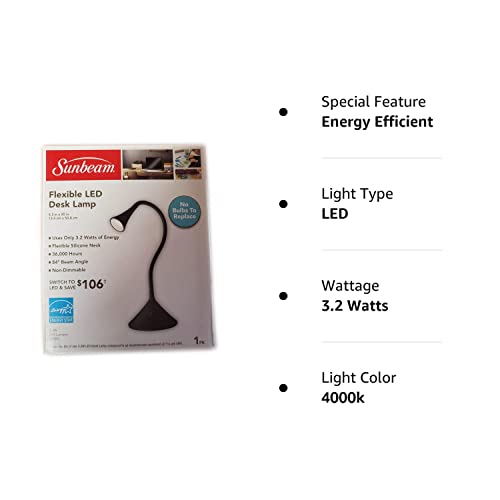 Black Sunbeam Flexible LED Desk Lamp - No Bulbs to Replace- 5.3 in x 20 in - 3.2W - 290 Lumens - 4000K - 36,000 Hours Non-Dimmable