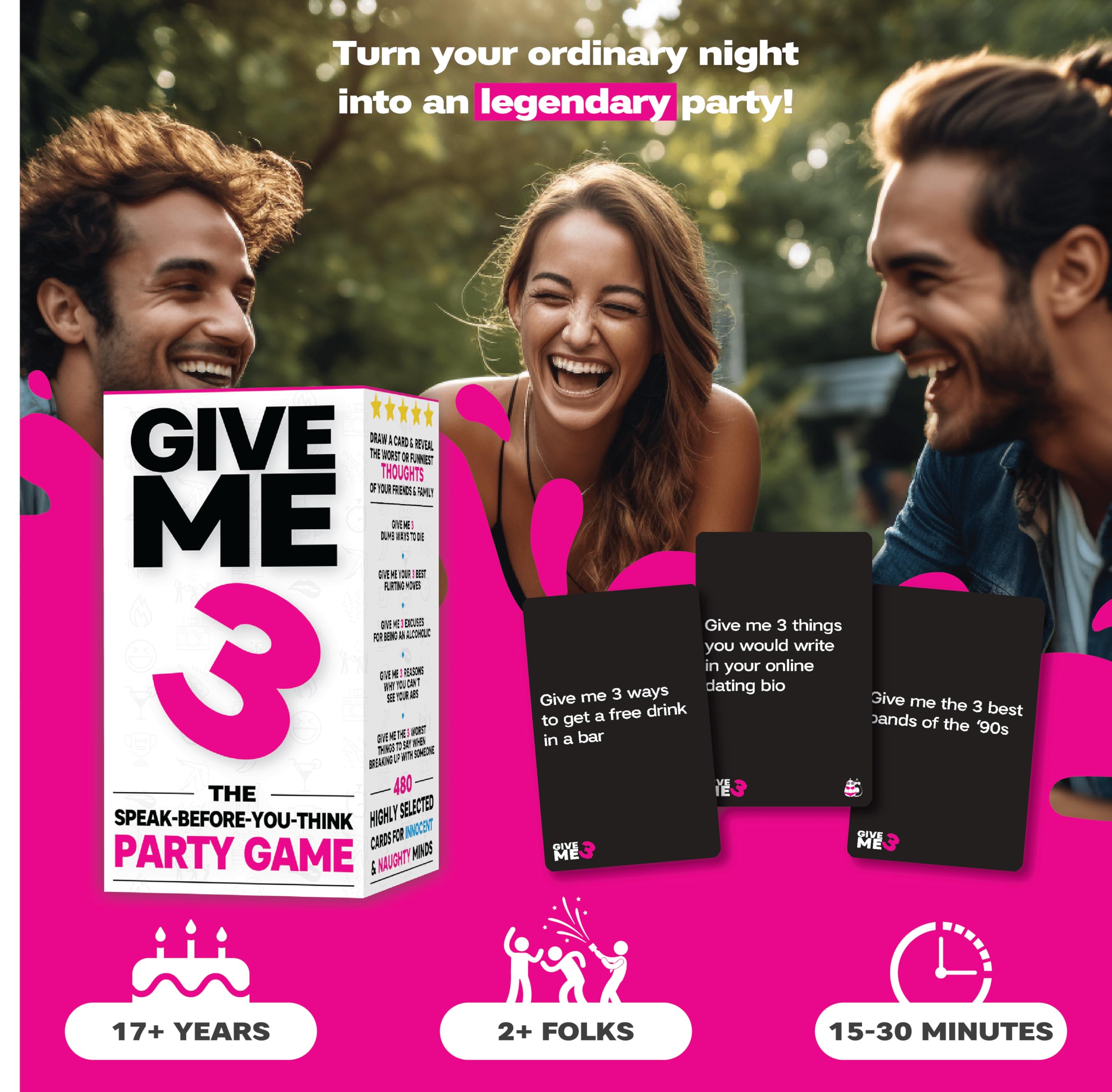 GIVE ME 3 - Fast Paced and Hilarious 10 Second Rule Adult Party Games | 2+ Players | Card Game for Adults | Travel Game | Board Game for Parties and Game Nights