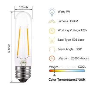 T10 LED Clear Bulbs Warm White 2700K LED Tubular Edison Light Bulbs 4W Dimmable Tube Vintage Led Bulbs 40 Watt Equivalent,E26 Medium Base, LED Filament Retro Bulb for Desk Lamp, Pendant Lights 3 Pack