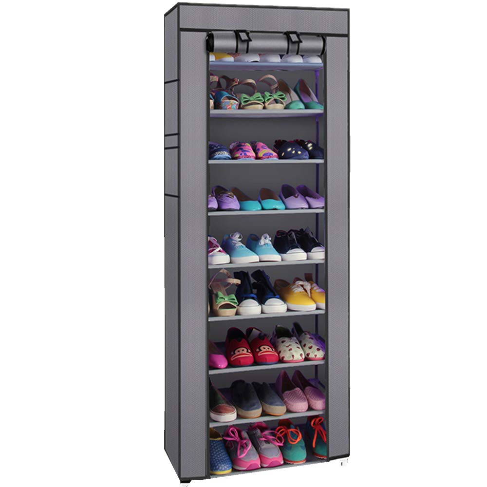 WEI WEI GLOBAL 10-Tier Shoe Rack, 27 Paris Shoe Storage Organizer with Dustproof Cover, Shoe Cabinet Tower Shelf Closet (Grey)