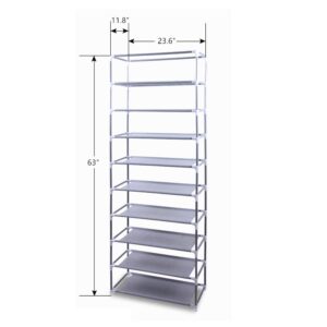 WEI WEI GLOBAL 10-Tier Shoe Rack, 27 Paris Shoe Storage Organizer with Dustproof Cover, Shoe Cabinet Tower Shelf Closet (Grey)