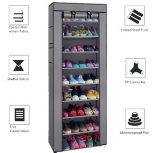 WEI WEI GLOBAL 10-Tier Shoe Rack, 27 Paris Shoe Storage Organizer with Dustproof Cover, Shoe Cabinet Tower Shelf Closet (Grey)