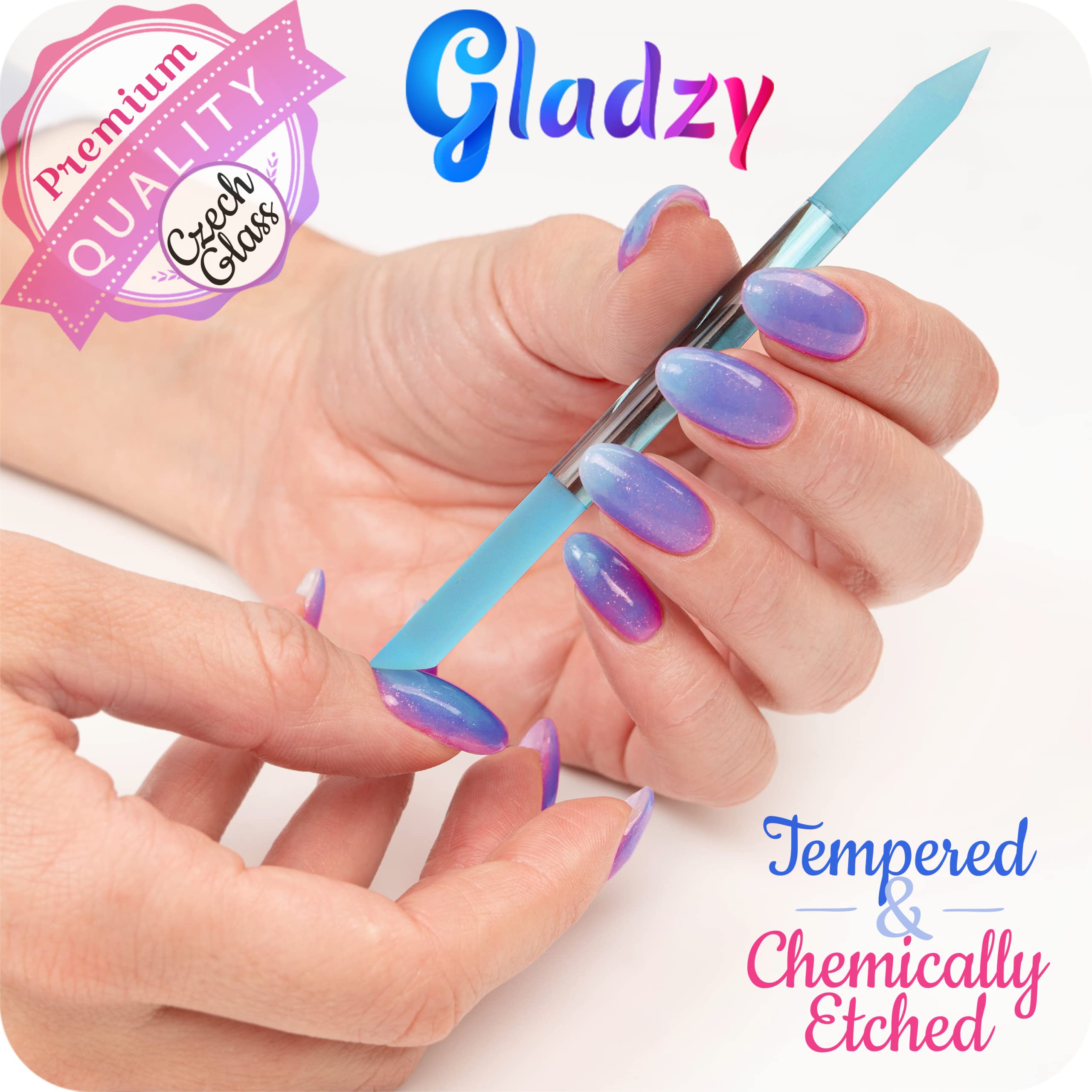 Glass Cuticle Pusher by GLADZY - Manicure Stick, Genuine Czech Quality, Professional Precision Filing Cuticle Remover, Abrasive Surface Never Wears Out