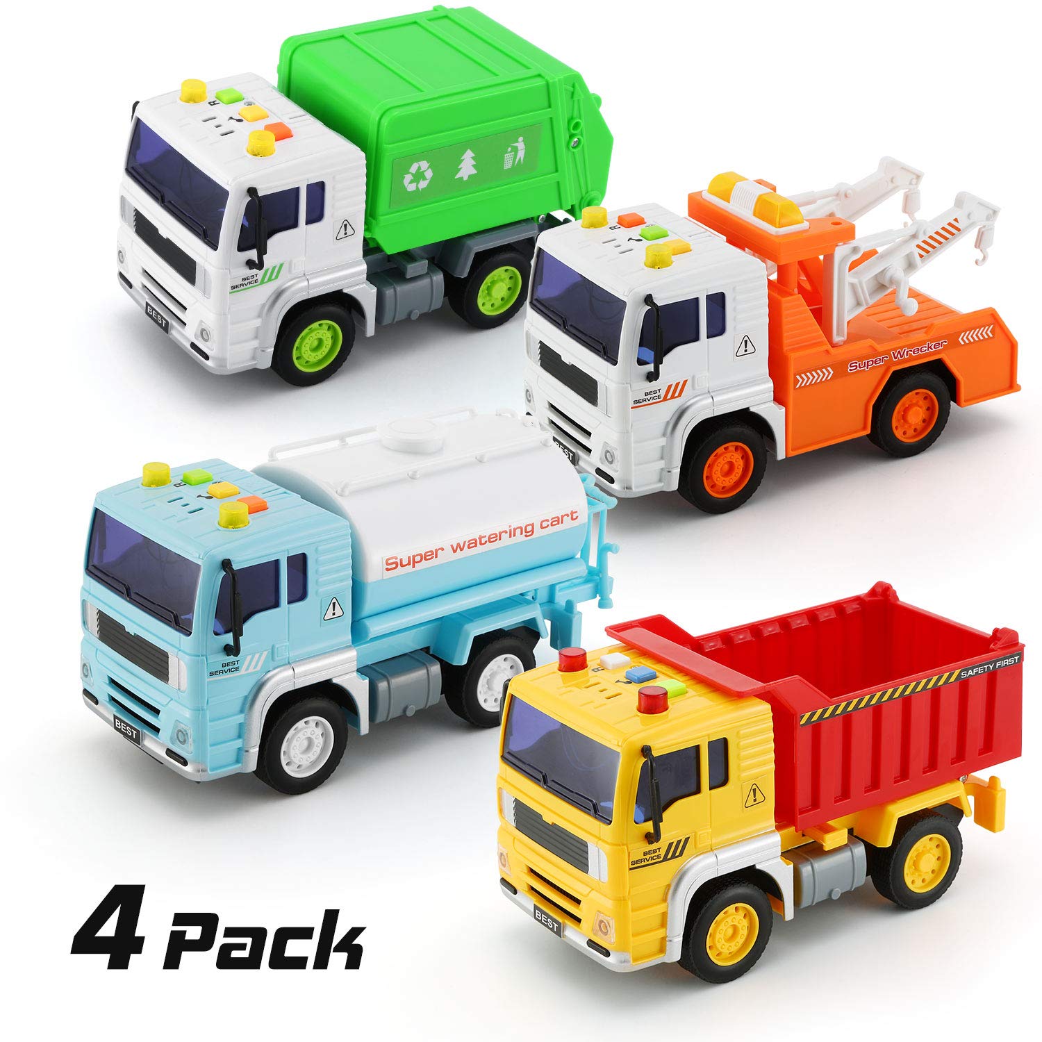 KeepRunning 4 Pack City Service Vehicle Car Truck Toy Set - Tow Truck,Dump Truck,Sprinkler,and Garbage Truck - with Friction Powered Wheels and Lights & Sounds