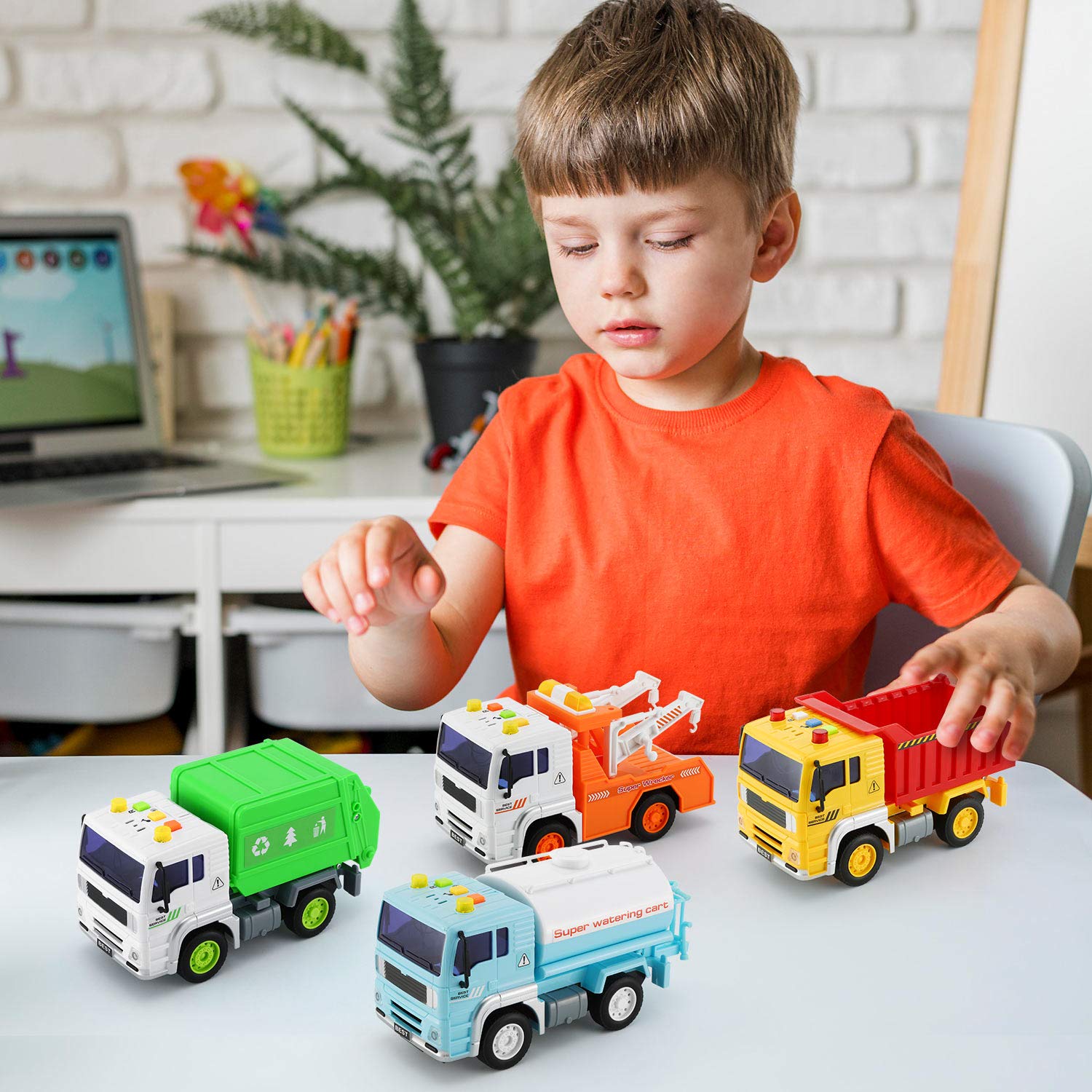 KeepRunning 4 Pack City Service Vehicle Car Truck Toy Set - Tow Truck,Dump Truck,Sprinkler,and Garbage Truck - with Friction Powered Wheels and Lights & Sounds