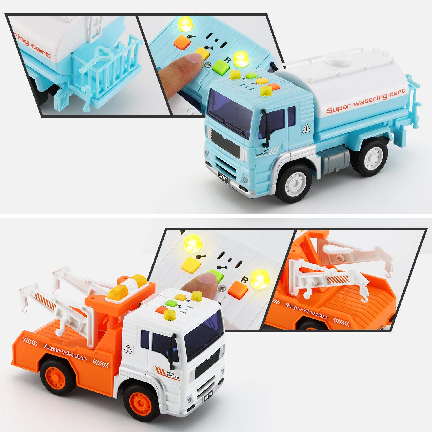 KeepRunning 4 Pack City Service Vehicle Car Truck Toy Set - Tow Truck,Dump Truck,Sprinkler,and Garbage Truck - with Friction Powered Wheels and Lights & Sounds