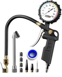 tire inflator with pressure gauge – large glow dial, swivel air chuck with gauge and air compressor accessories – 100 psi