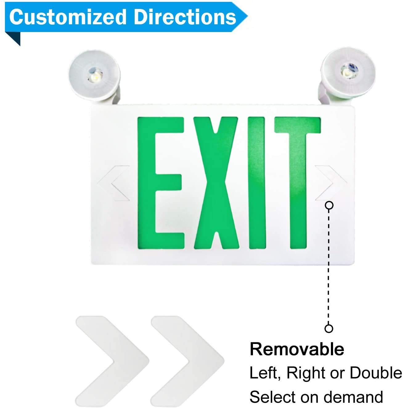 EXITLUX 1 Pack Green Led Exit Sign with Emergency Lighting Battery Backp -Two LED Adjustable Head -120V/277V-UL Listed-Exit Lighting -Dual LED Lamp ABS Fire Resistance for Power Failure.