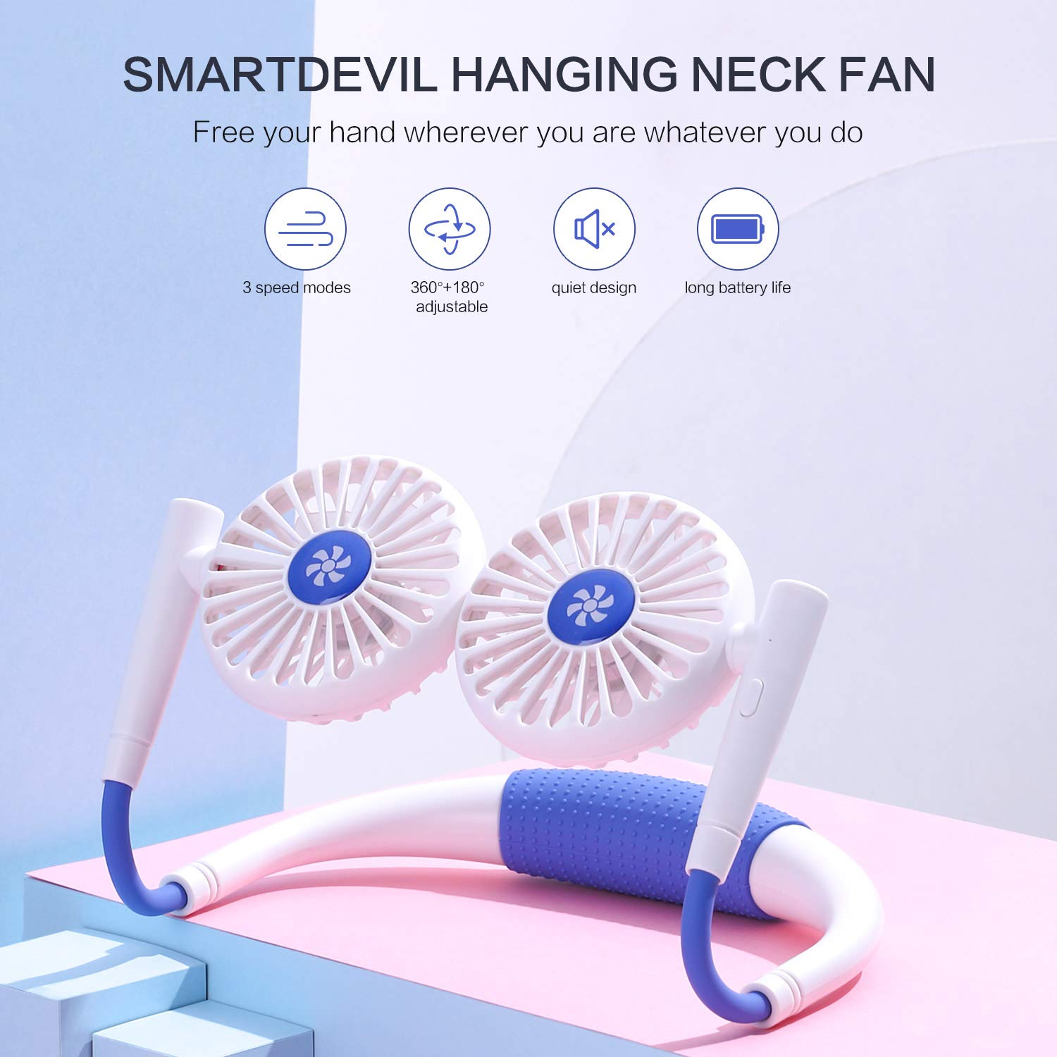 SmartDevil Portable Neck Fan, 360°+180° Adjustment Rechargeable Battery Operated Sport Fan, 3 Speeds Personal Hands Free Wearable Neck Fan, Strong Wind, for Home Office Traveling (White)