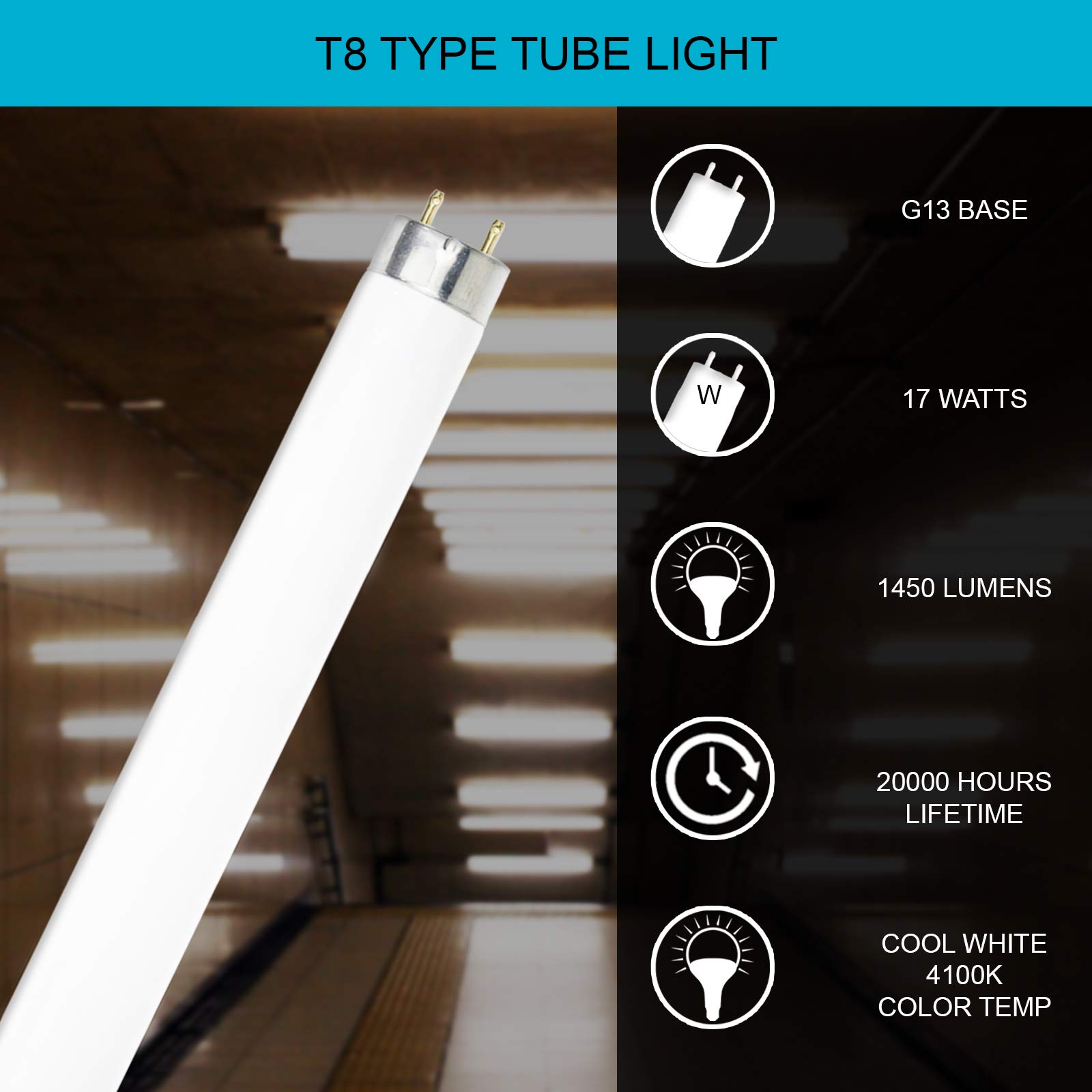 DYSMIO Lighting F17T8-CW 17 Watt T8 Straight Tube, Medium Bi-Pin Base, 4100K - Cool White 1450 Lumens Pack of 4