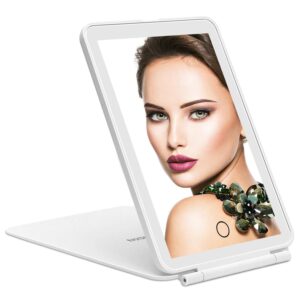 deweisn led tabletop mount makeup mirror for travel, 32 leds lighted vanity mirrors with dimmable lighting,compact, slim, rechargeable folding lighted mirror for beauty (white)