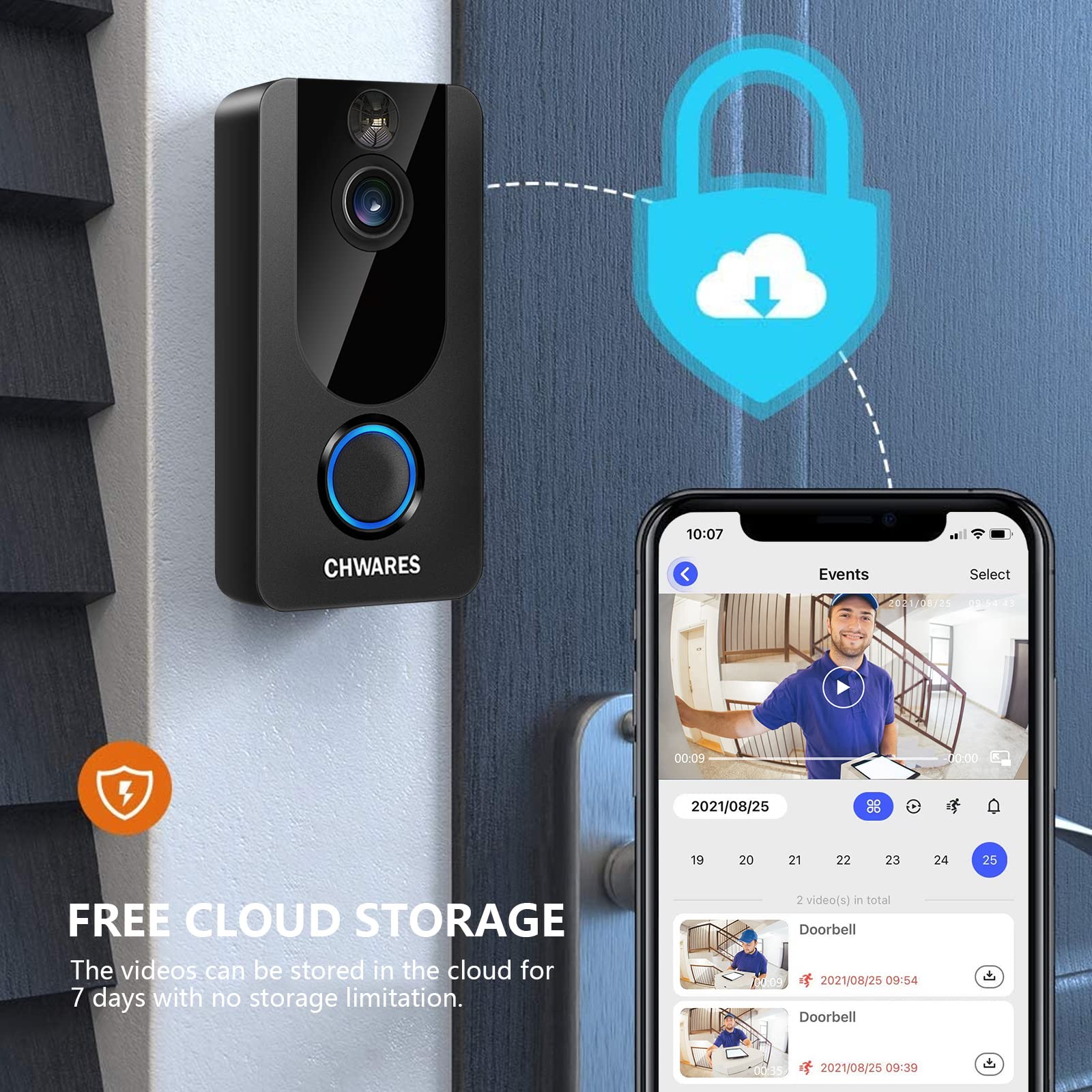 CHWARES Video Doorbell Camera with Chime, 1080p HD, Wireless WiFi, Motion Detection, 2-Way Audio, Night Vision, IP65 Waterproof, Battery Powered, Easy Installation, One-Year Free Cloud Storage