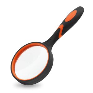 mjiya magnifying glass, 8x handheld reading magnifier for kids and seniors, non-scratch quality glass lens, shatterproof design, microfibre cleaning cloth included (65mm, orange)