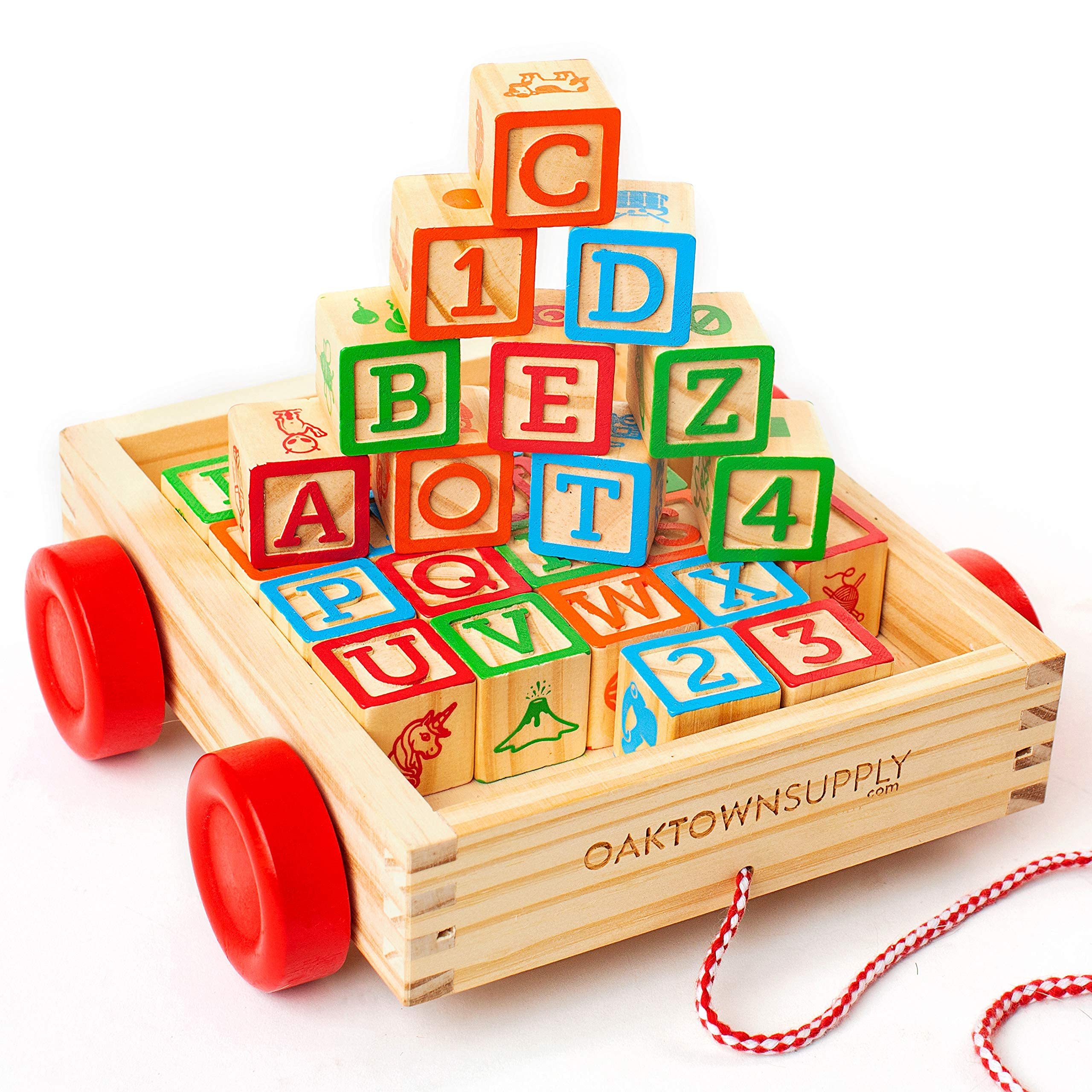 Oaktown Supply Building Blocks for Toddlers 1-3 Years Old, 30 Large Stackable Wooden Baby Blocks with Alphabet and Number Icons on Every Side, Toy Wagon Included﻿