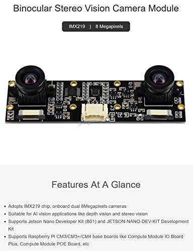 XYGStudy IMX219-83 Stereo Binocular Camera Sensor Module 3280x2464 8MP AI Depth Stereo Vision Dual IMX219 Supports Raspberry Pi 5 RPi CM3/CM3+ Compute Module POE IO Board/Jetson Nano B01