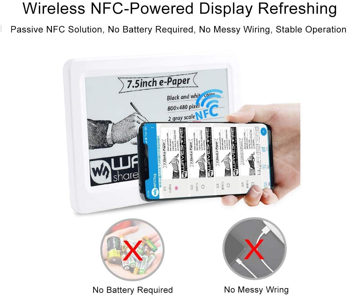 waveshare 7.5inch Passive NFC-Powered e-Paper Display Black/White e-Ink Screen, Wireless Powering and Data Transfer No Battery Required, Refresh by Smartphone with NFC Function or NFC Reader