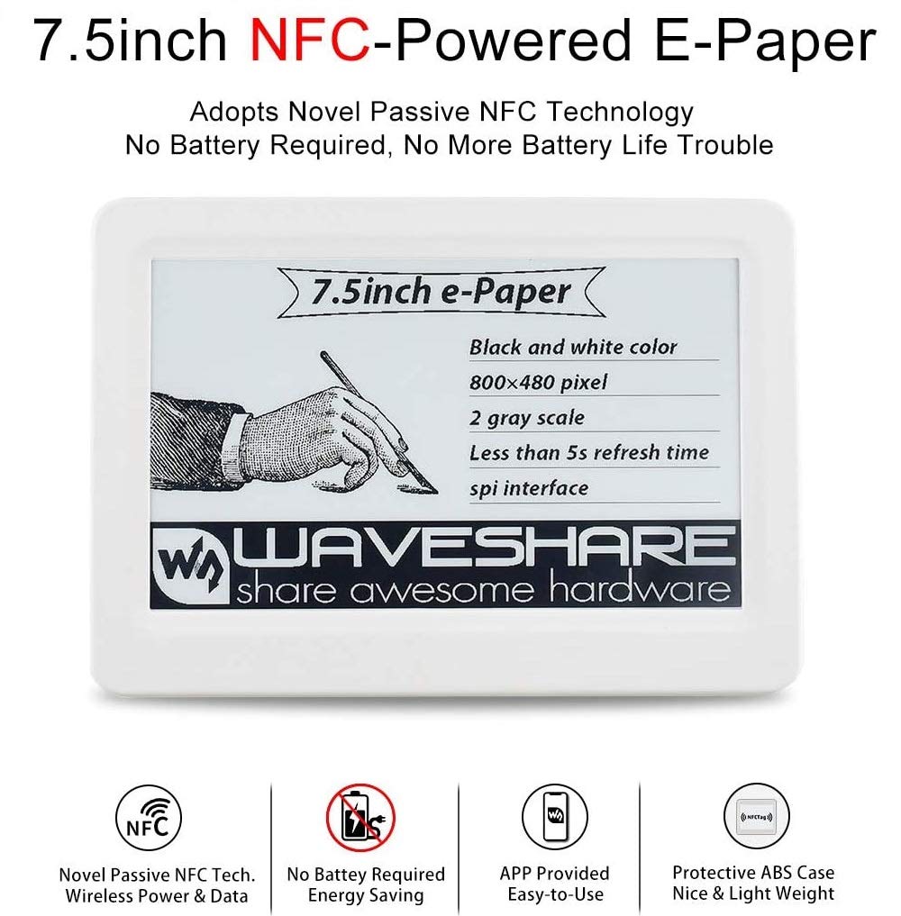 waveshare 7.5inch Passive NFC-Powered e-Paper Display Black/White e-Ink Screen, Wireless Powering and Data Transfer No Battery Required, Refresh by Smartphone with NFC Function or NFC Reader