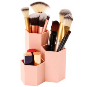 weiai makeup brush holder organizer, 3 slots pink cosmetic brushes storage solution