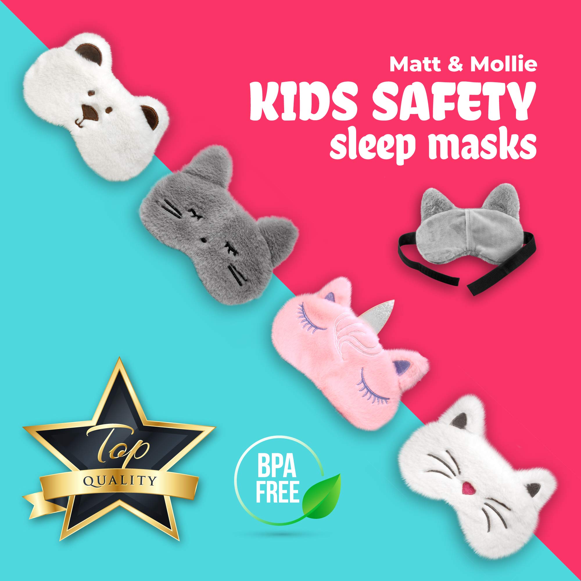 Matt and Mollie Kids Safety Sleep Mask - Children's Eye Cover for Sleeping at Home & During Travel - Cute Animal Designs, Wide Adjustable Pull-Apart Strap (Gray Cat)