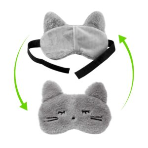 Matt and Mollie Kids Safety Sleep Mask - Children's Eye Cover for Sleeping at Home & During Travel - Cute Animal Designs, Wide Adjustable Pull-Apart Strap (Gray Cat)