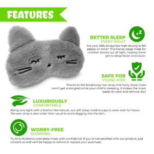 Matt and Mollie Kids Safety Sleep Mask - Children's Eye Cover for Sleeping at Home & During Travel - Cute Animal Designs, Wide Adjustable Pull-Apart Strap (Gray Cat)