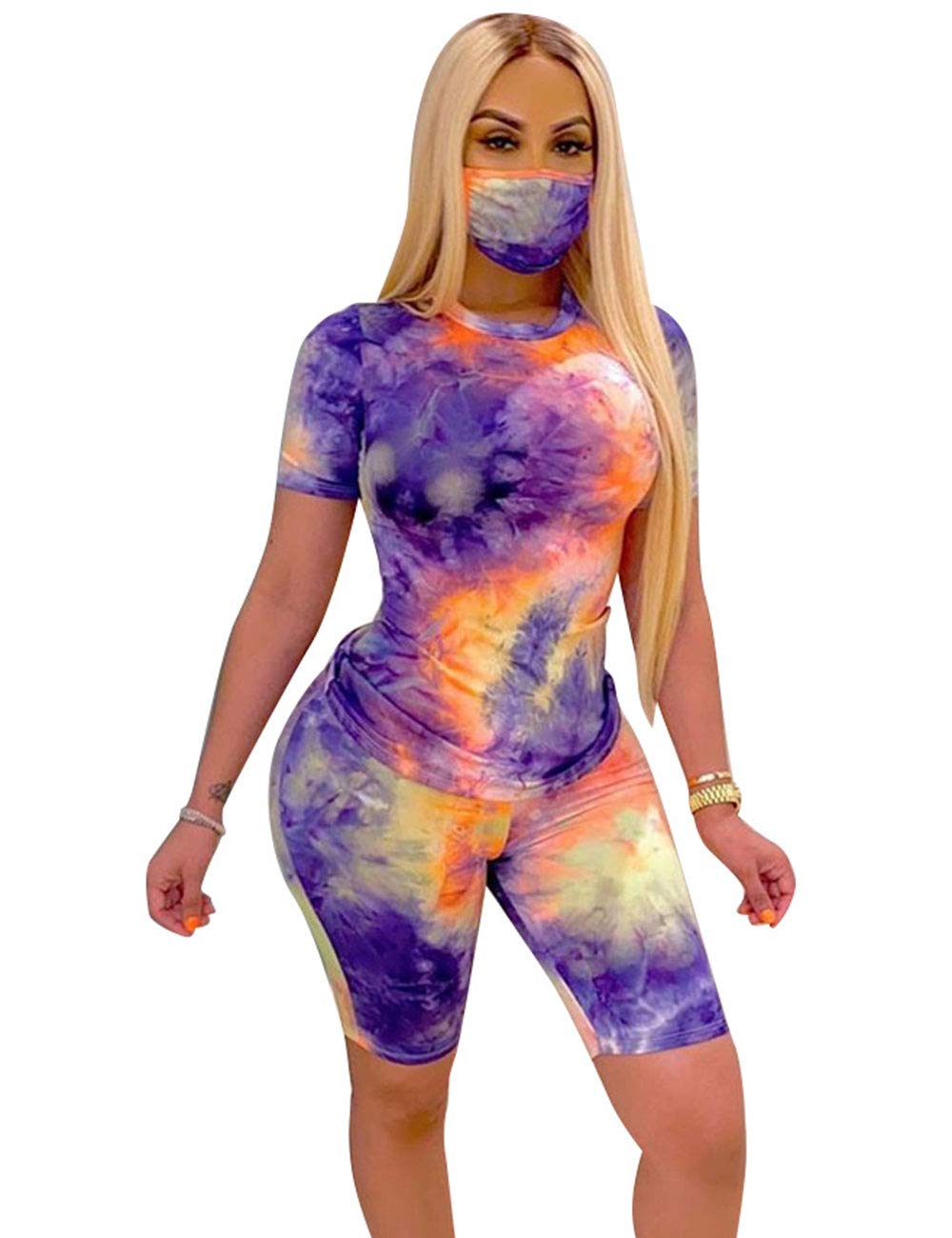 Short Sets Women 2 Piece Outfits, Tie Dye Short Sleeve Top and Shorts Tracksuit Set Purple-Yellow XXL