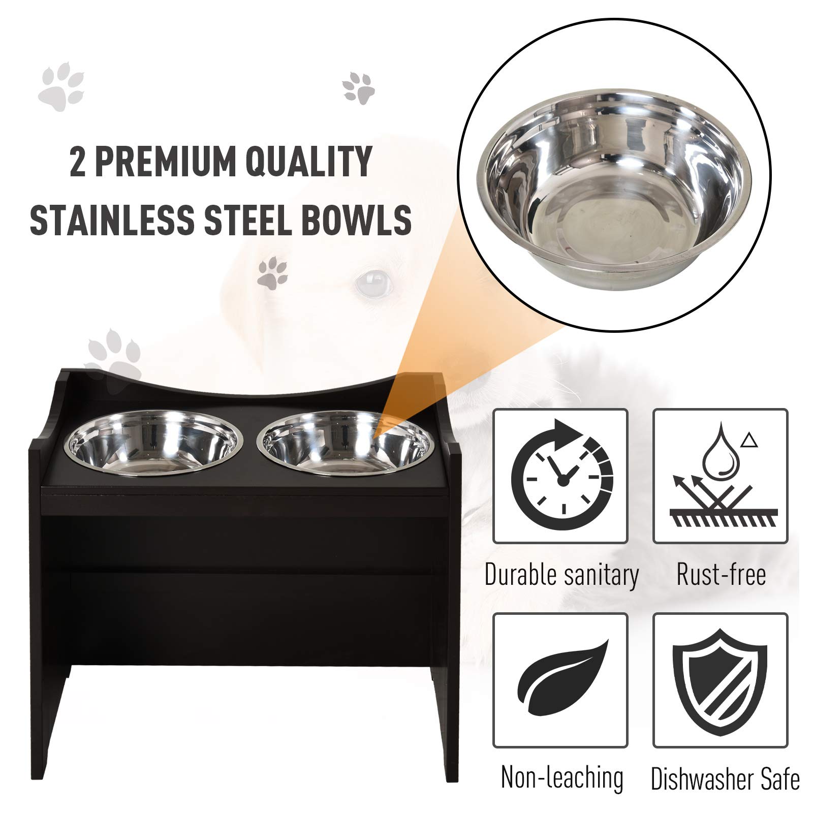 PawHut Raised Pet Food Elevated Feeder with 2 Stainless Steel Bowls, 3 Levels Adjustable Height Levels, and Wood Finish