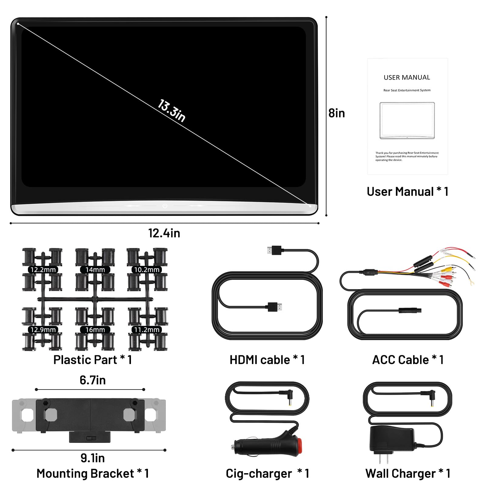 13.3 Inch 4K Android 11 Car Headrest Video Player, 2G+32G Rear Seat Car TV with 2.4G/5G WiFi, Car Headrest Screen Support Phone Wireless Connection Mirror Link, HDMI in+Out/Bluetooth/FM/USB