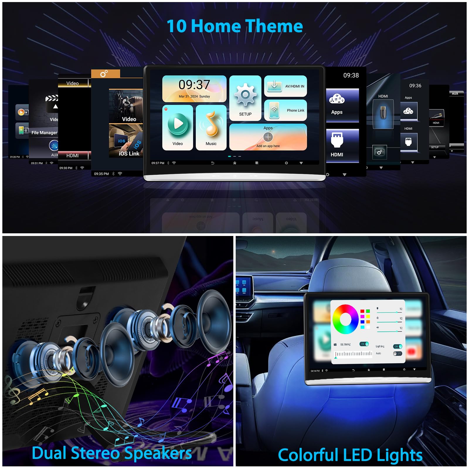 13.3 Inch 4K Android 11 Car Headrest Video Player, 2G+32G Rear Seat Car TV with 2.4G/5G WiFi, Car Headrest Screen Support Phone Wireless Connection Mirror Link, HDMI in+Out/Bluetooth/FM/USB