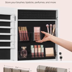 SONGMICS Jewelry Cabinet Armoire, Lockable Wall-Mounted Organizer Unit with 2 Plastic Cosmetic Storage Trays, Full-Length Frameless Mirror, White UJJC001W01