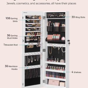 SONGMICS Jewelry Cabinet Armoire, Lockable Wall-Mounted Organizer Unit with 2 Plastic Cosmetic Storage Trays, Full-Length Frameless Mirror, White UJJC001W01