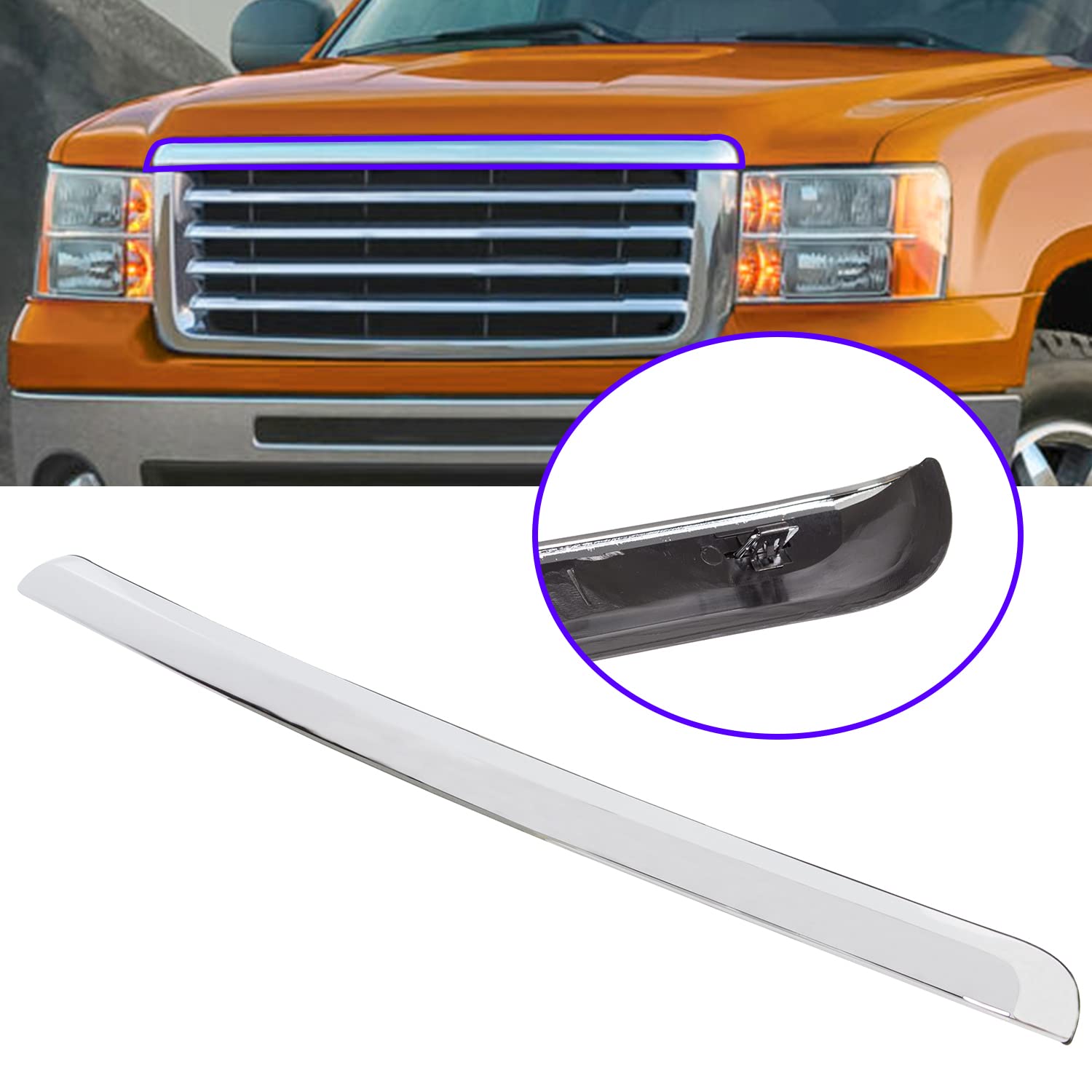 ECOTRIC Truck Hood Molding Trim Moulding Compatible with 2007-2013 GMC Sierra 1500 2500HD 3500HD Replace for GM1235109 10385156 (Without Chrome Grille)