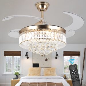 panghuhu88 36" invisible ceiling fan chandelier light,modern crystal ceiling fan light remote control 4 retractable abs blades for bedroom living room dining room decoration (gold)