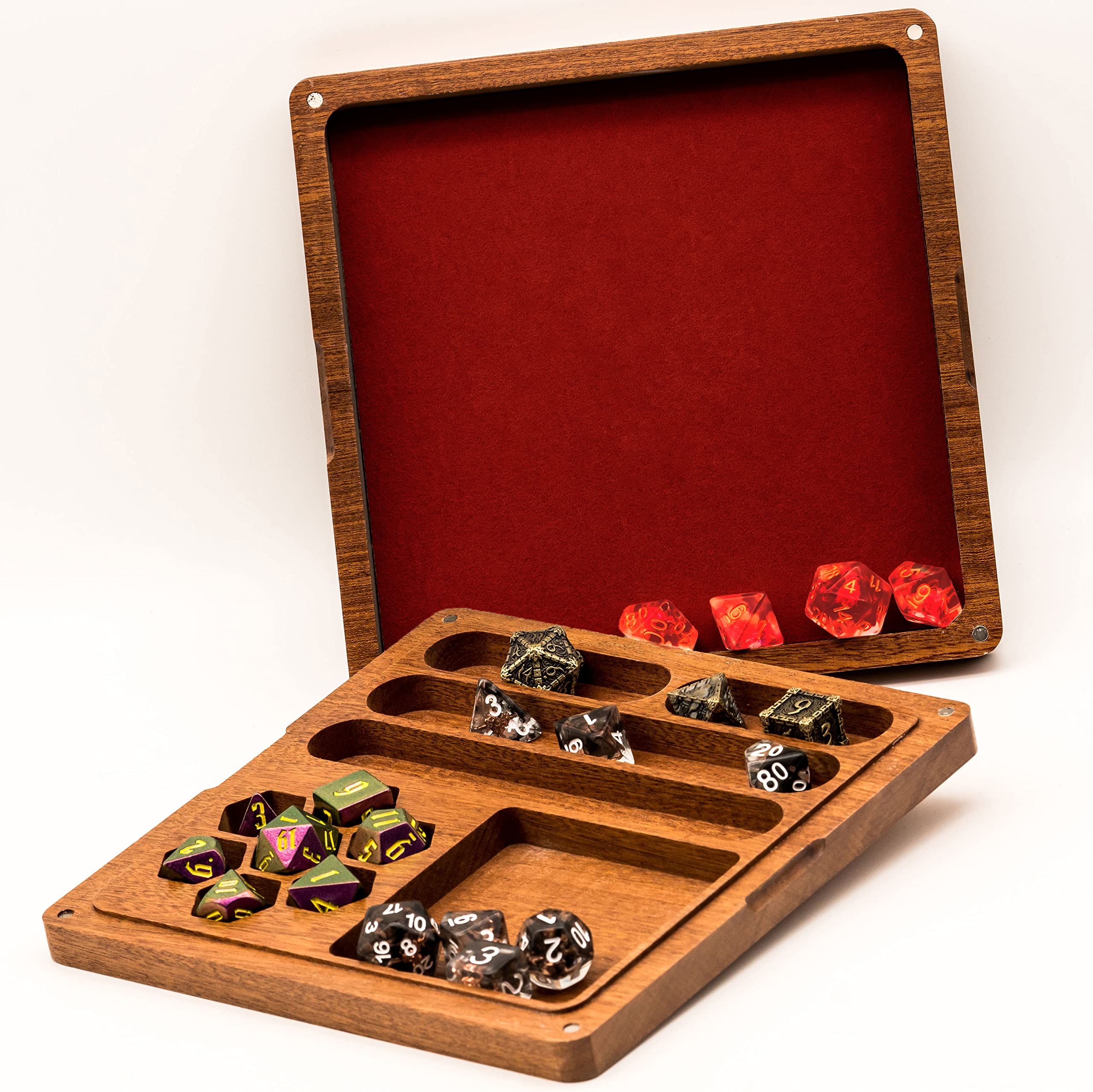 UDIXI 2 in 1 DND Dice Tray, Wooden Dice Box with Magnetic Lid & D&D Dice Holder Case, Dice Tray Combined into One for DND, D&D, RPG, Tabletop Games | Holds 6 Sets of Polyhedral Dice（Sapele Wood）