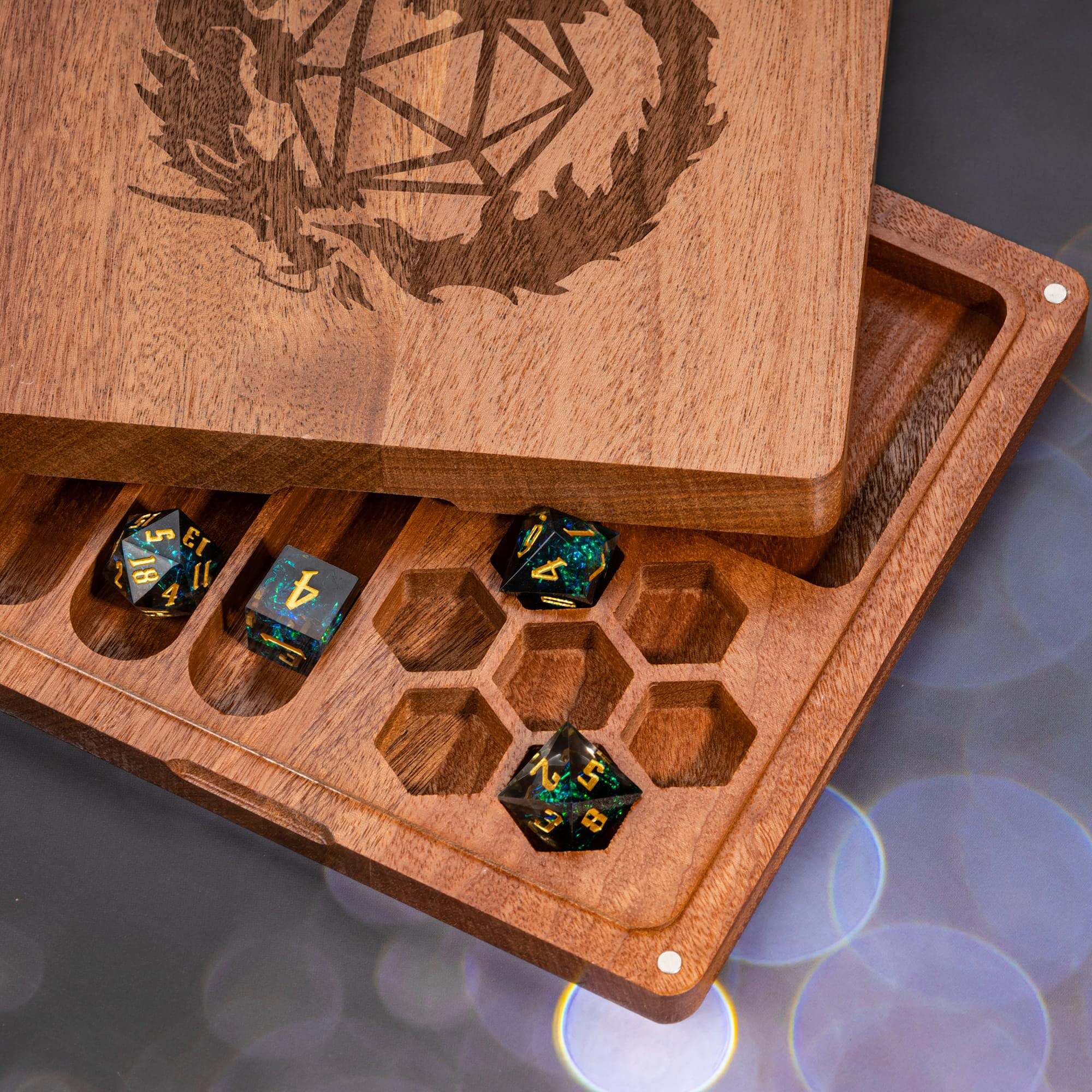 UDIXI 2 in 1 DND Dice Tray, Wooden Dice Box with Magnetic Lid & D&D Dice Holder Case, Dice Tray Combined into One for DND, D&D, RPG, Tabletop Games | Holds 6 Sets of Polyhedral Dice（Sapele Wood）